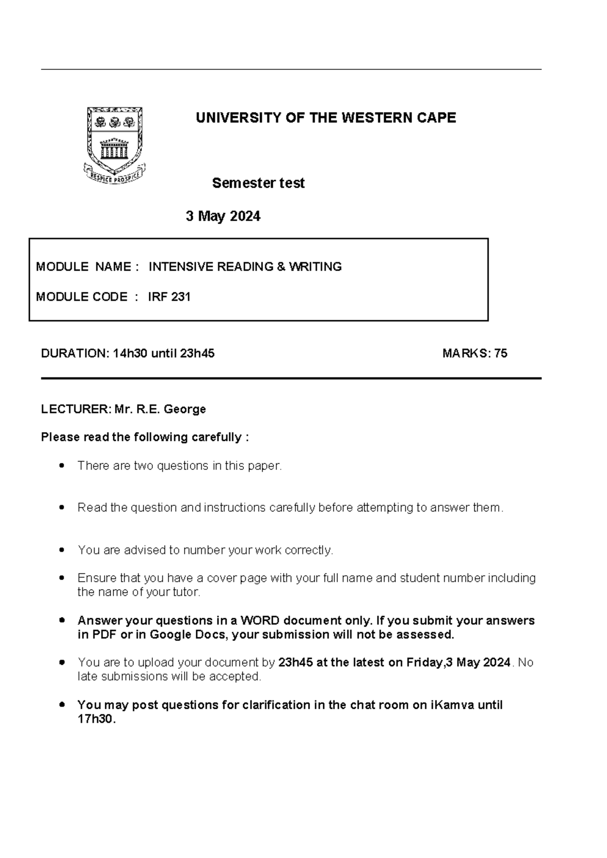 Semester%20test%203%20May%202024%20IRF231 - UNIVERSITY OF THE WESTERN ...