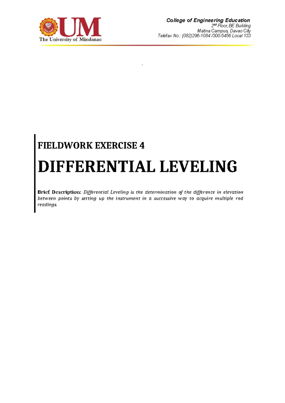 Fieldwork-4 - Laboratory Manual - 2 nd Floor,BE Building Matina Campus, Davao City Telefax No ...