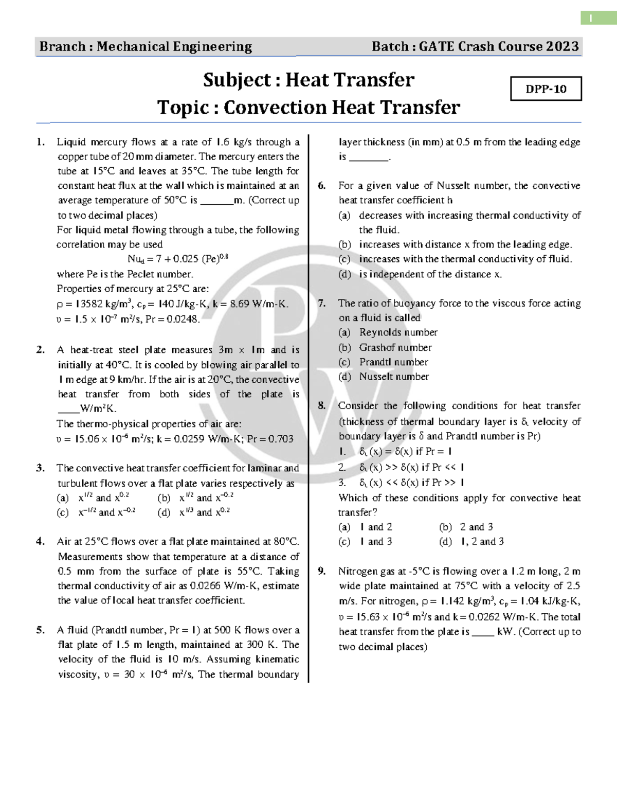 Convection Heat transfer (IV) DPP-10 GATE Crash Course 2023 Mechanical ...