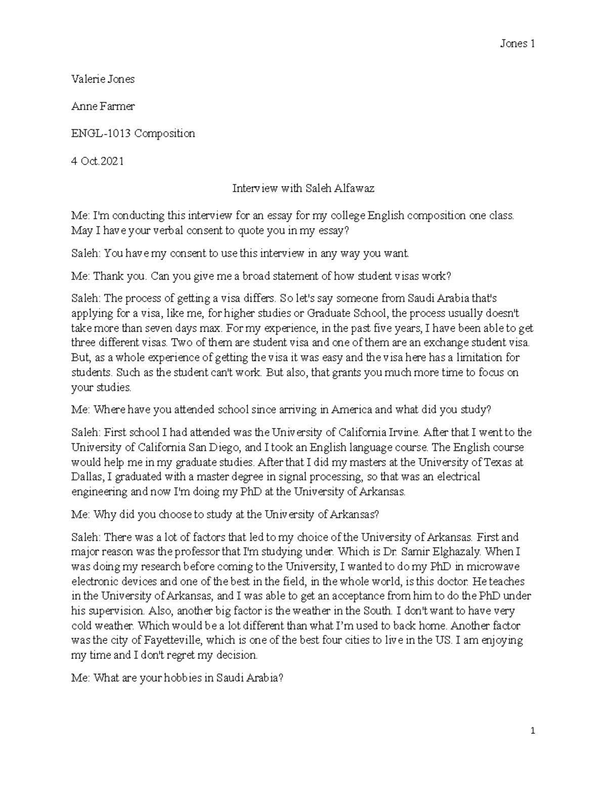 Interview - English composition 2 class essay - Jones 1 Valerie Jones ...