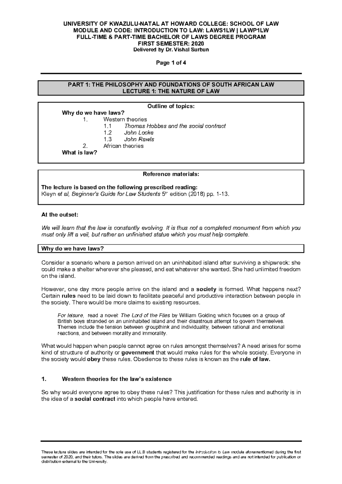 PART 1 Lecture 1 - DR SURBUN - MODULE AND CODE: INTRODUCTION TO LAW ...