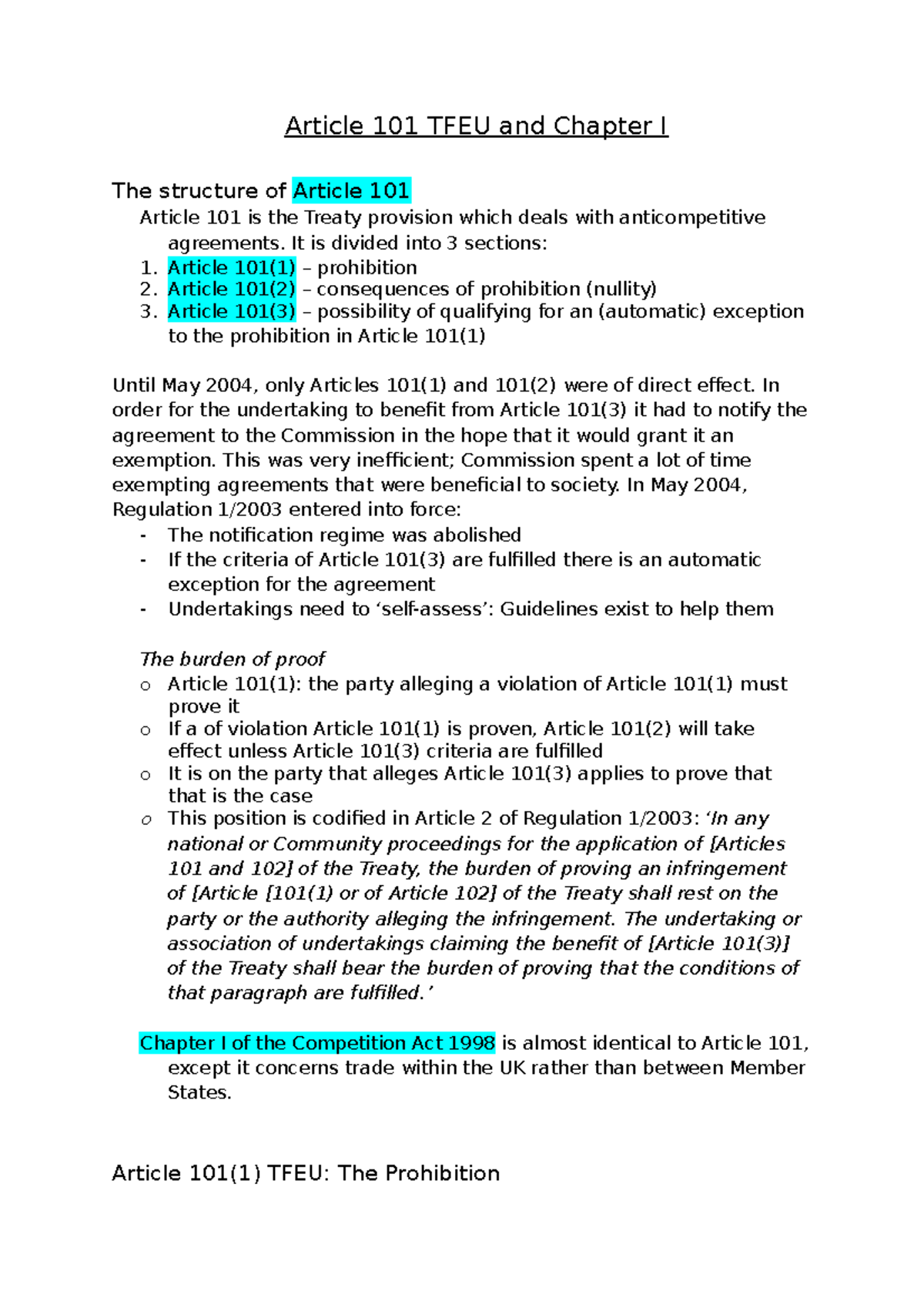 Article 101 TFEU And Chapter I It Is Divided Into 3 Sections Article