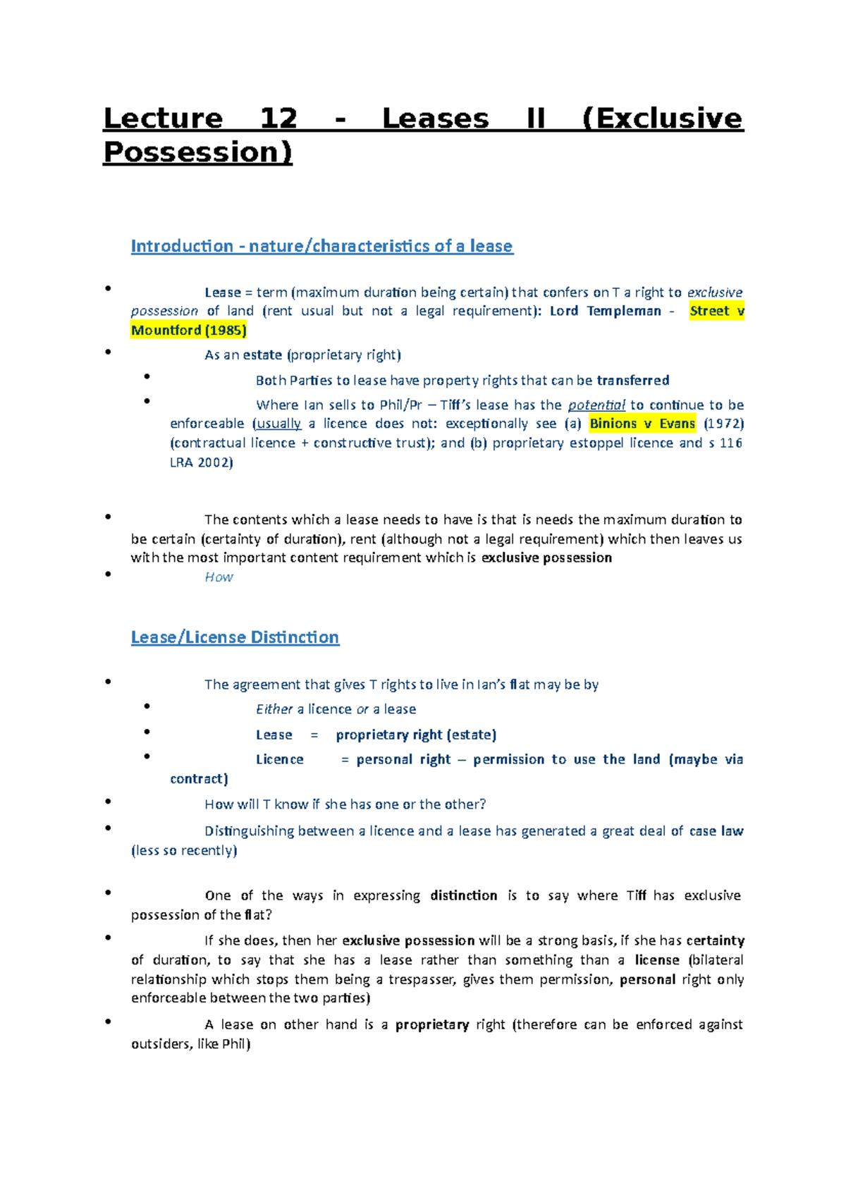 Lecture 12 - Leases II (Exclusive Possession) - Lecture 12 - Leases II ...