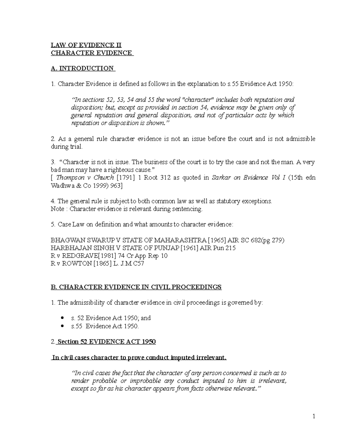 Character Evidence 2019 - LAW OF EVIDENCE II CHARACTER EVIDENCE A ...