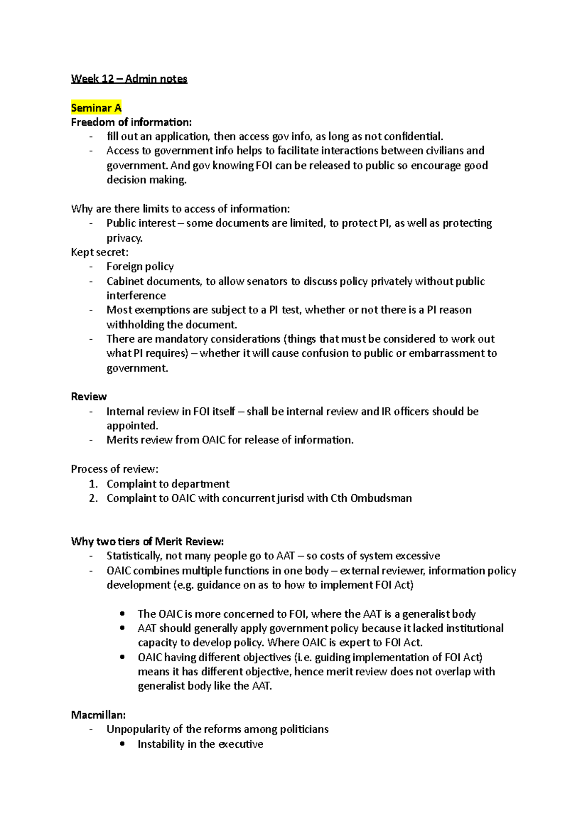 Week 12 – Admin notes - Week 12 – Admin notes Seminar A Freedom of ...