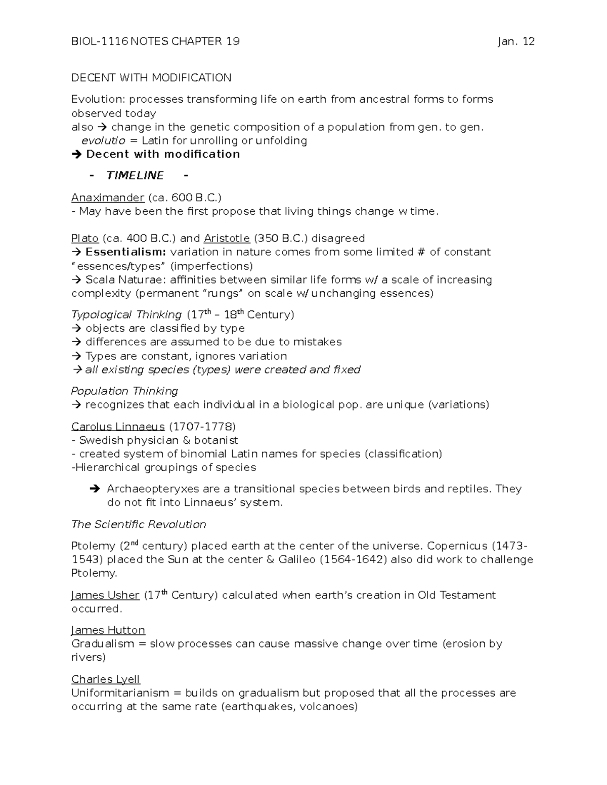 Biol-1116 Chapter 19 notes - DECENT WITH MODIFICATION Evolution ...