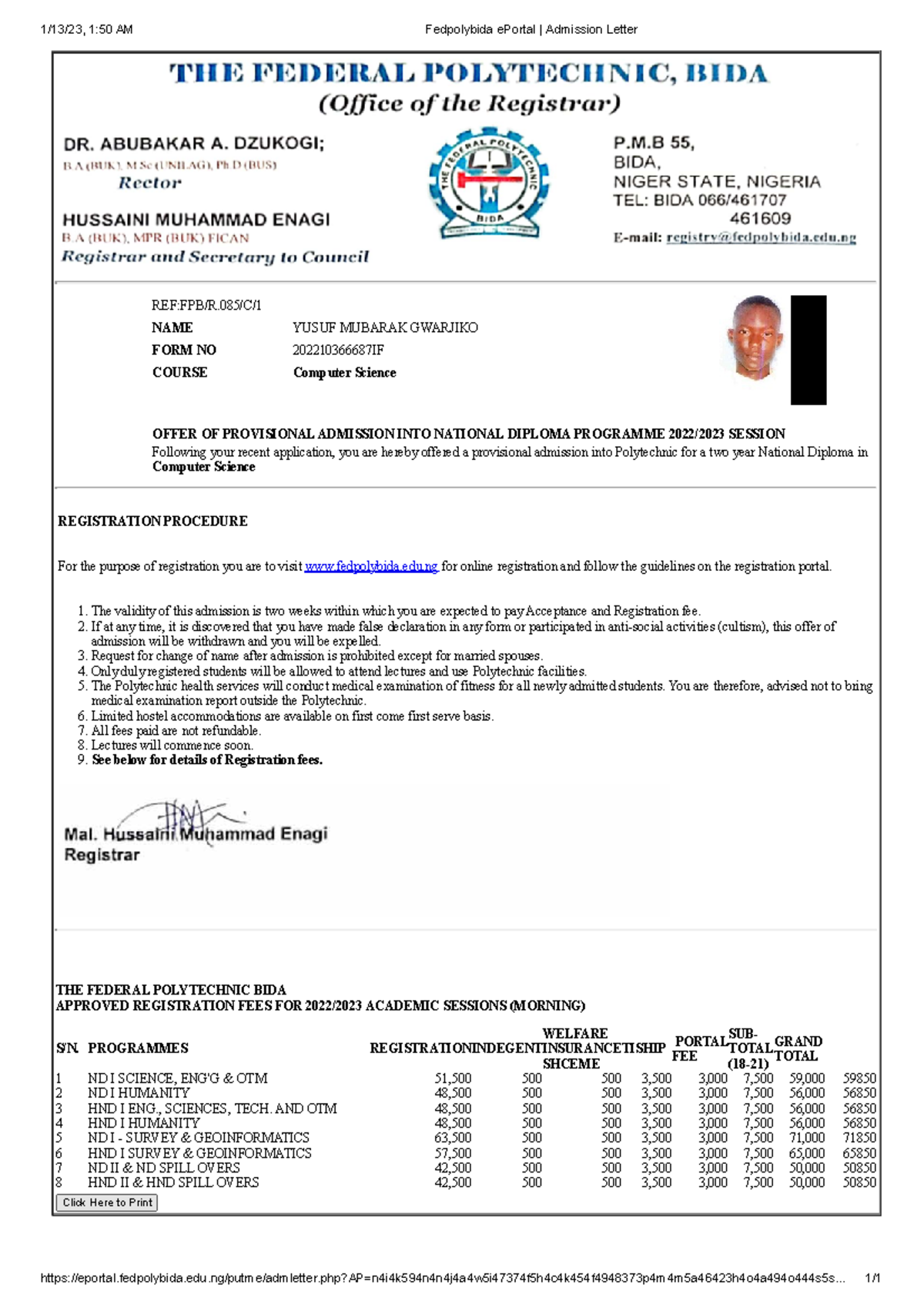 Fedpolybida Admission Letter - 1/13/23, 1:50 AM Fedpolybida ePortal ...