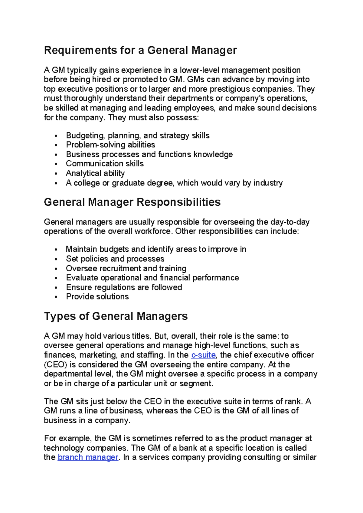 Requirements for a General Manager - GMs can advance by moving into top ...