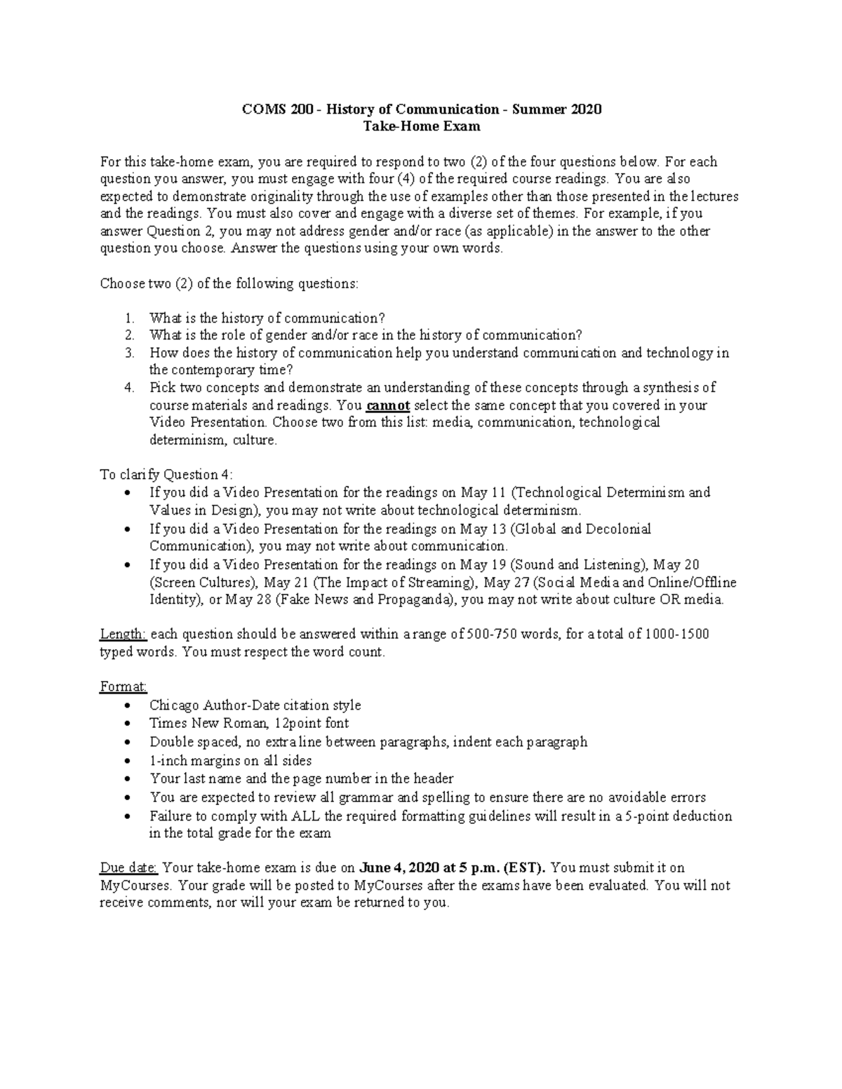 COMS 200 Take-Home Exam - COMS 200 - History of Communication - Summer ...