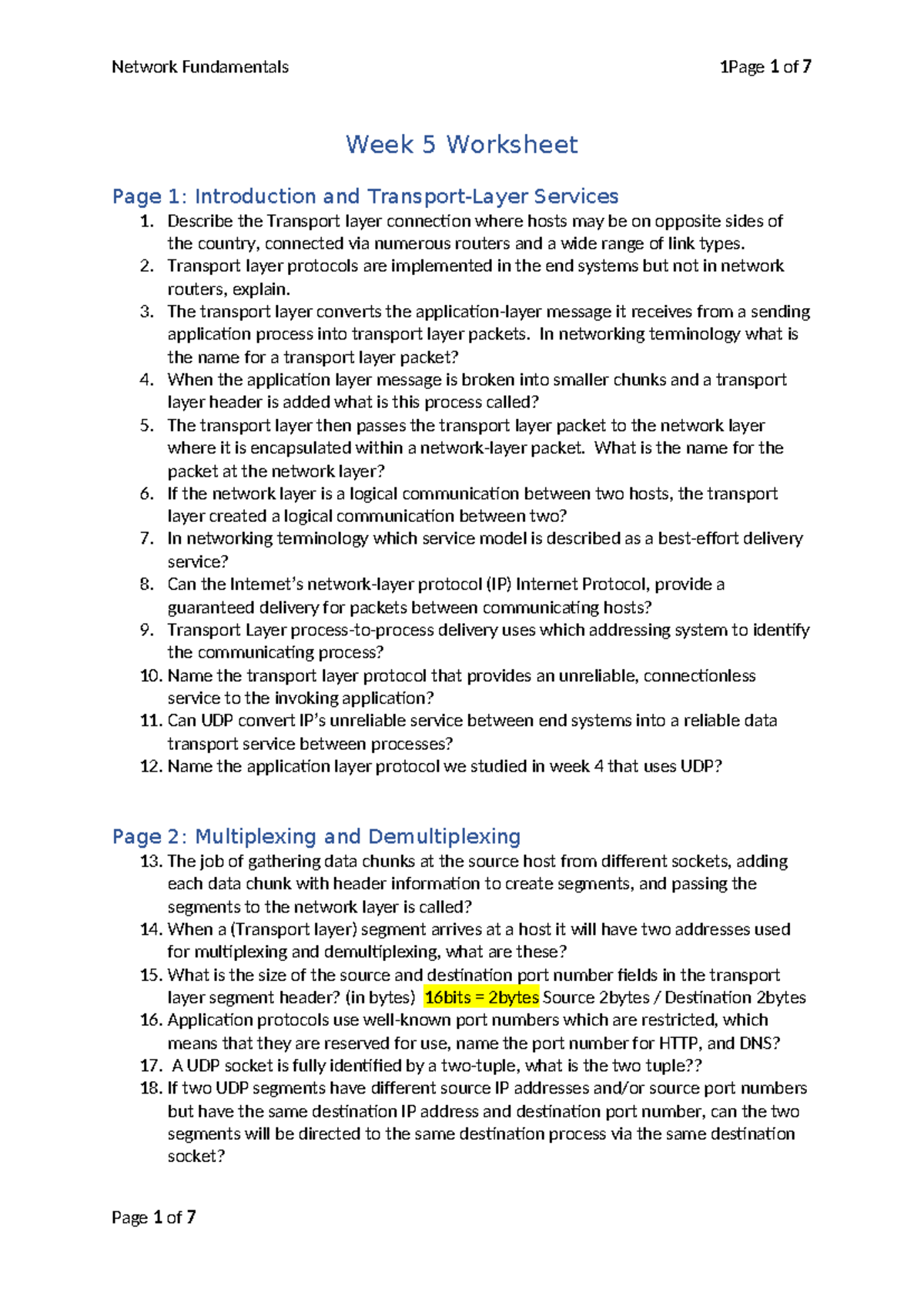 Week 5 Worksheet - Week 5 Worksheet Page 1: Introduction and Transport ...