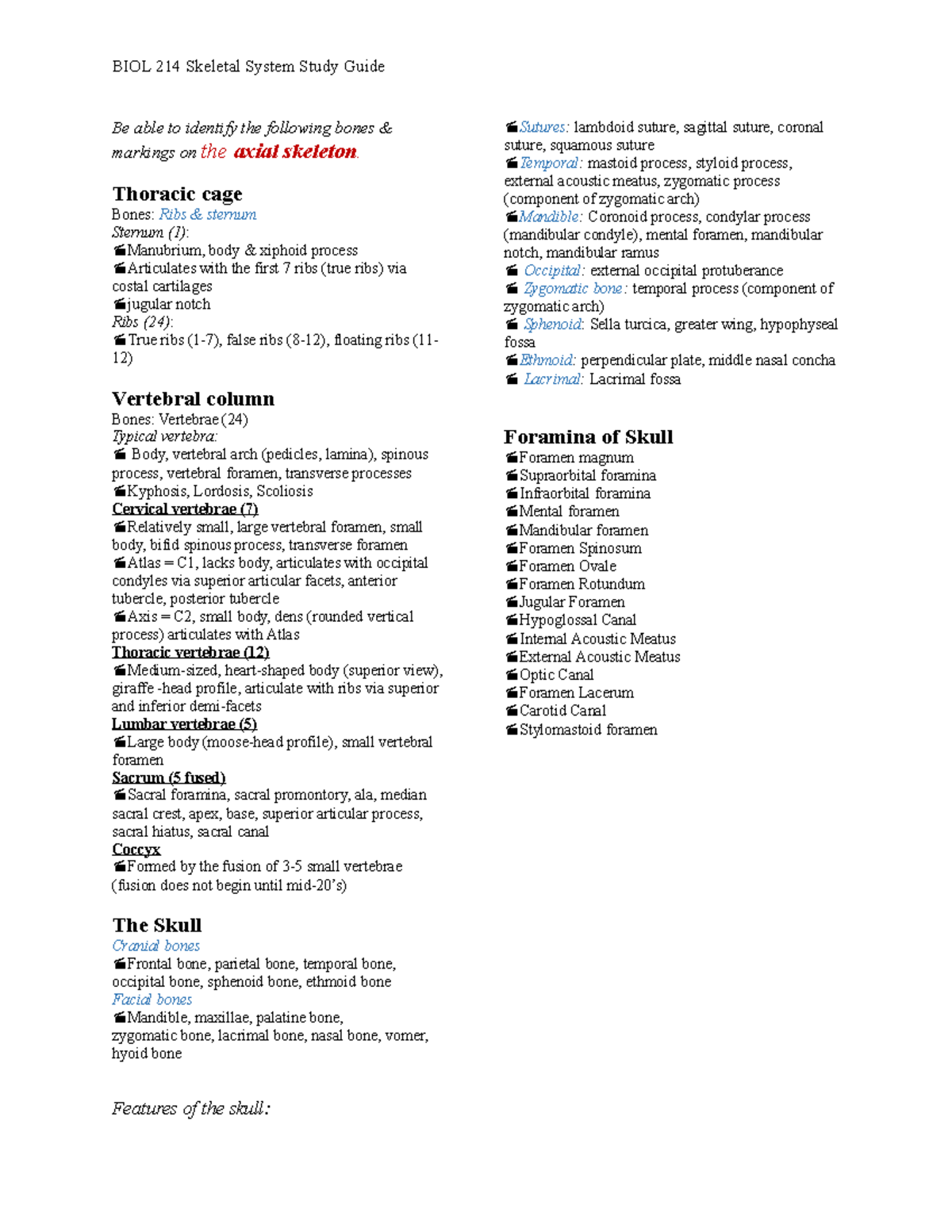 Bone Study Guide Pract. 2 (BIO 214) - BIOL 214 Skeletal System Study ...