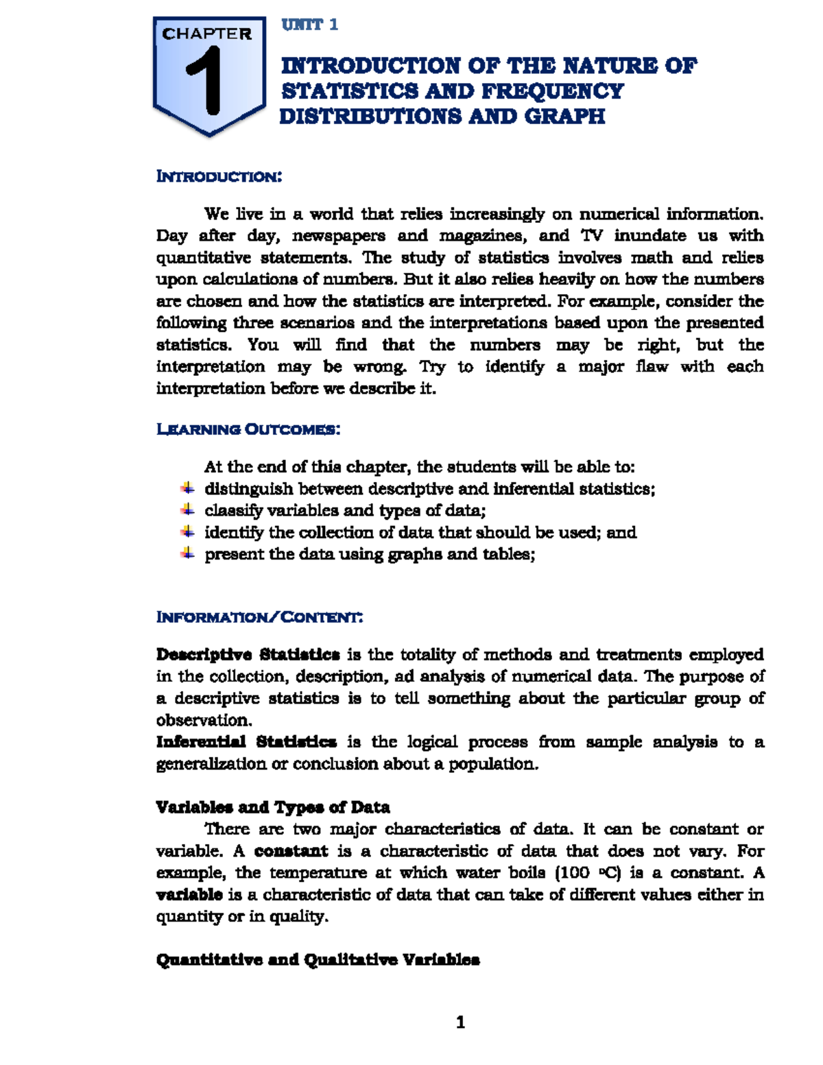 1 Introduction of the Nature of Statistics and Frequency Distributions ...