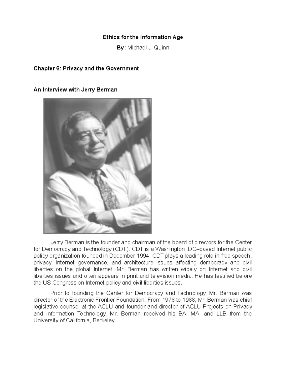 Privacy and the Government An Interview with Jerry Berman Chapter 6 ...