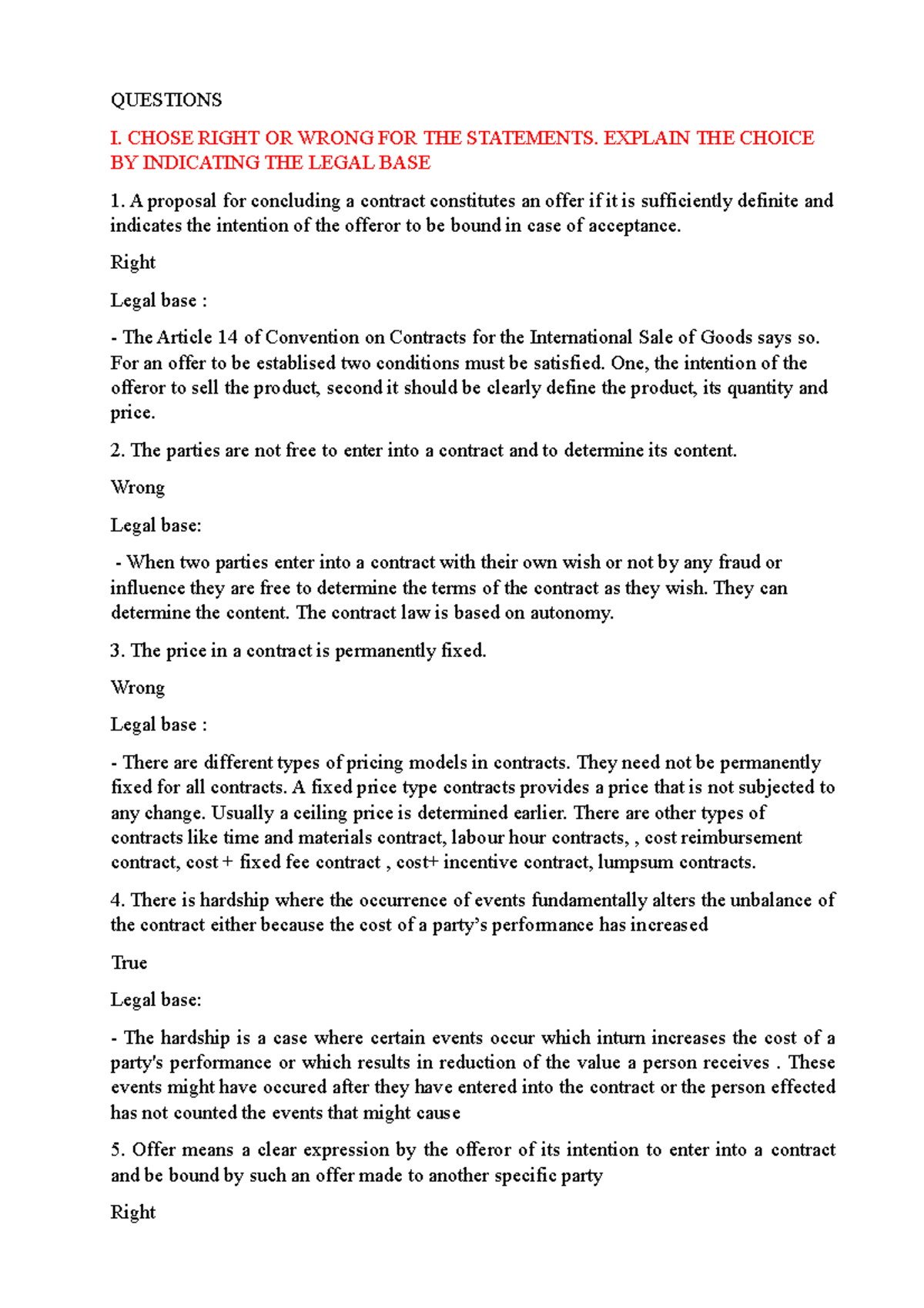 Questions FOR EXAM AND TEST Review - QUESTIONS I. CHOSE RIGHT OR WRONG ...