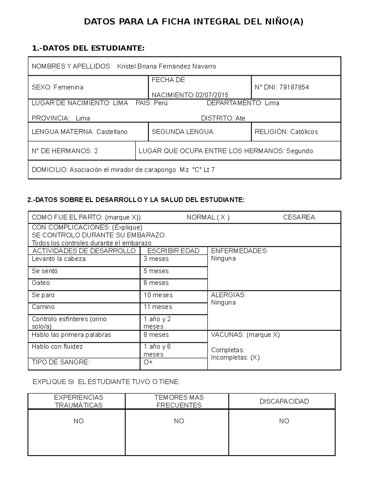 Ficha Integral DE Datos - DATOS PARA LA FICHA INTEGRAL DEL NIÑO(A) 1 ...