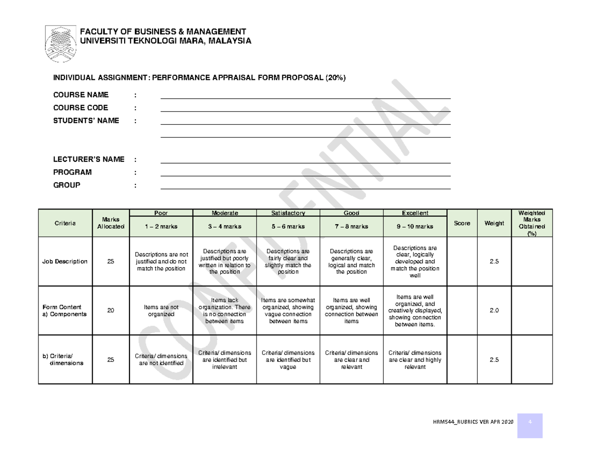 HRM544 Rubric Performance Appraisal - FACULTY OF BUSINESS & MANAGEMENT ...