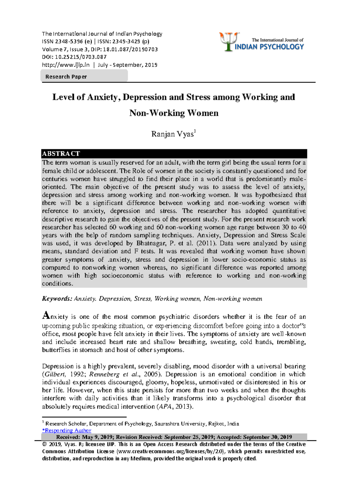 Level of Anxiety, Depression and Stress among Working and - Research ...