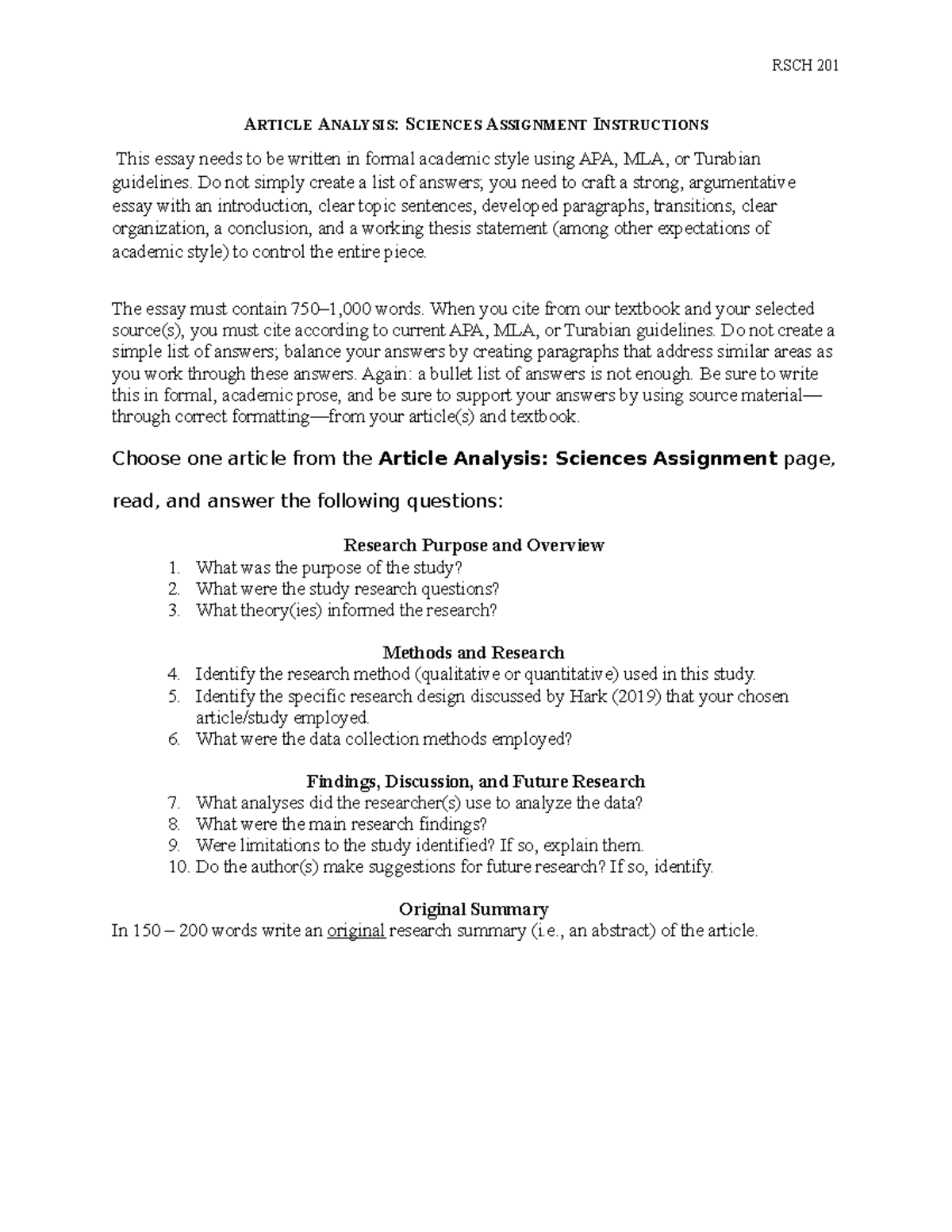 Article Analysis Sciences Assignment Instructions - RSCH 201 ARTICLE ...