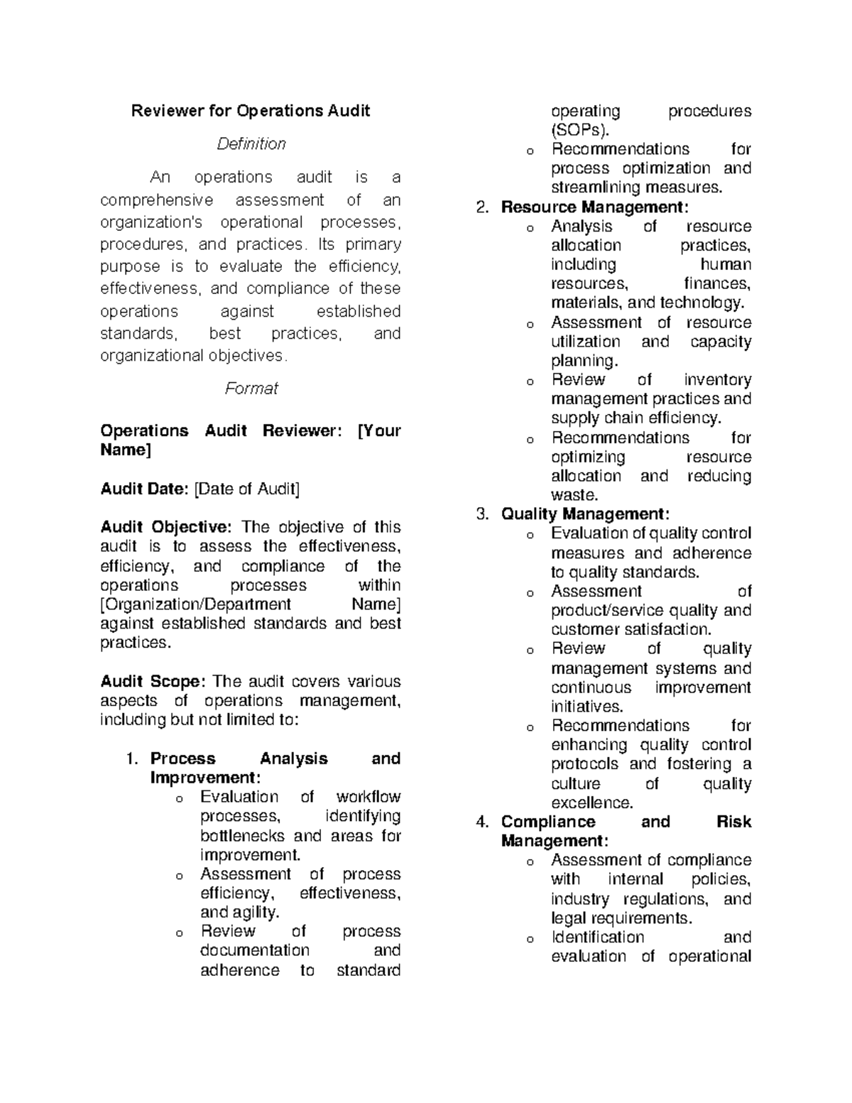 Operations Audit - NOTES - Reviewer for Operations Audit Definition An ...