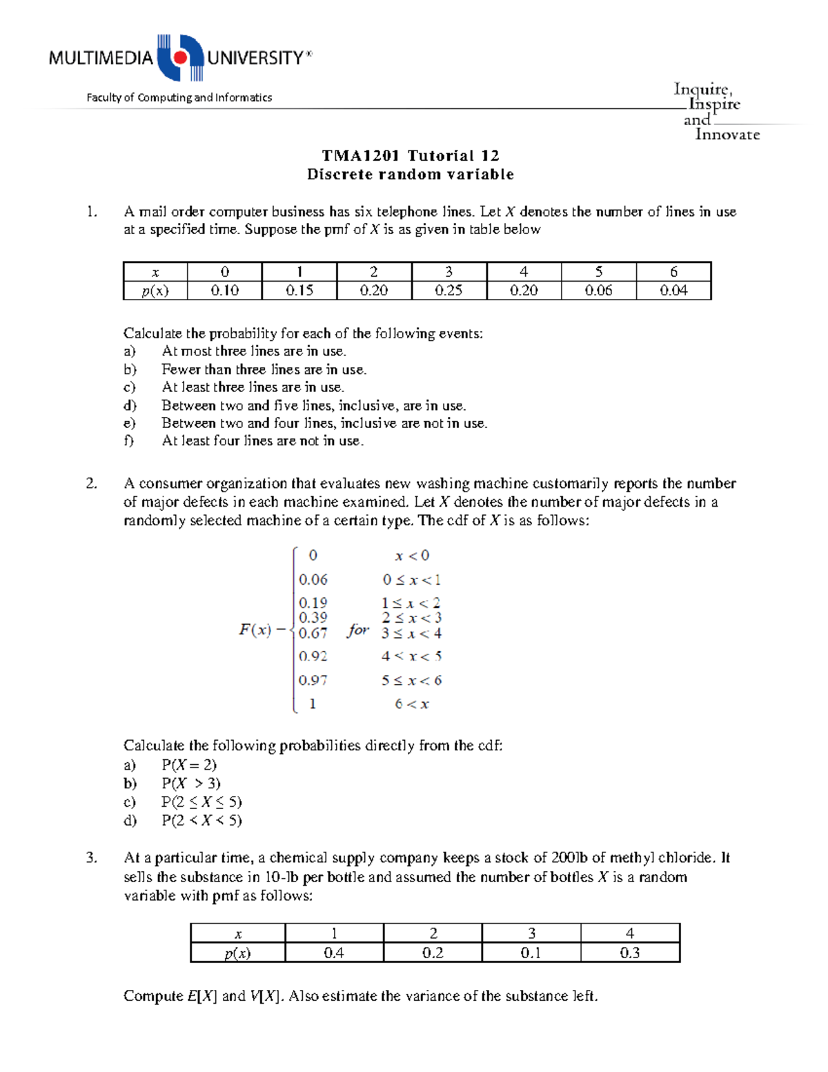 Tutorial 12 Random variable - Faculty of Computing and Informatics TMA1201 Tutorial 12 Discrete ...