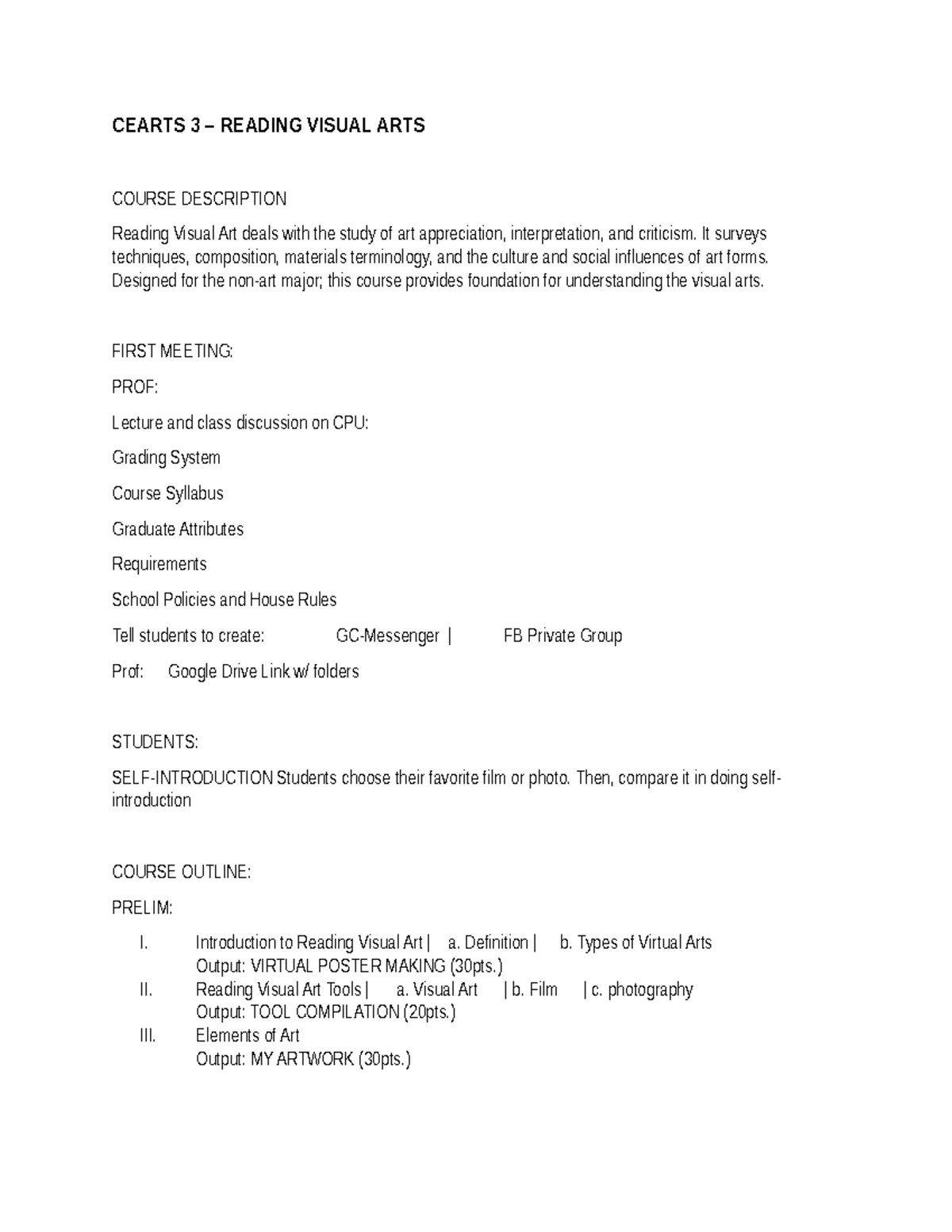 Cearts 3- Outline - CEARTS 3 – READING VISUAL ARTS COURSE DESCRIPTION ...