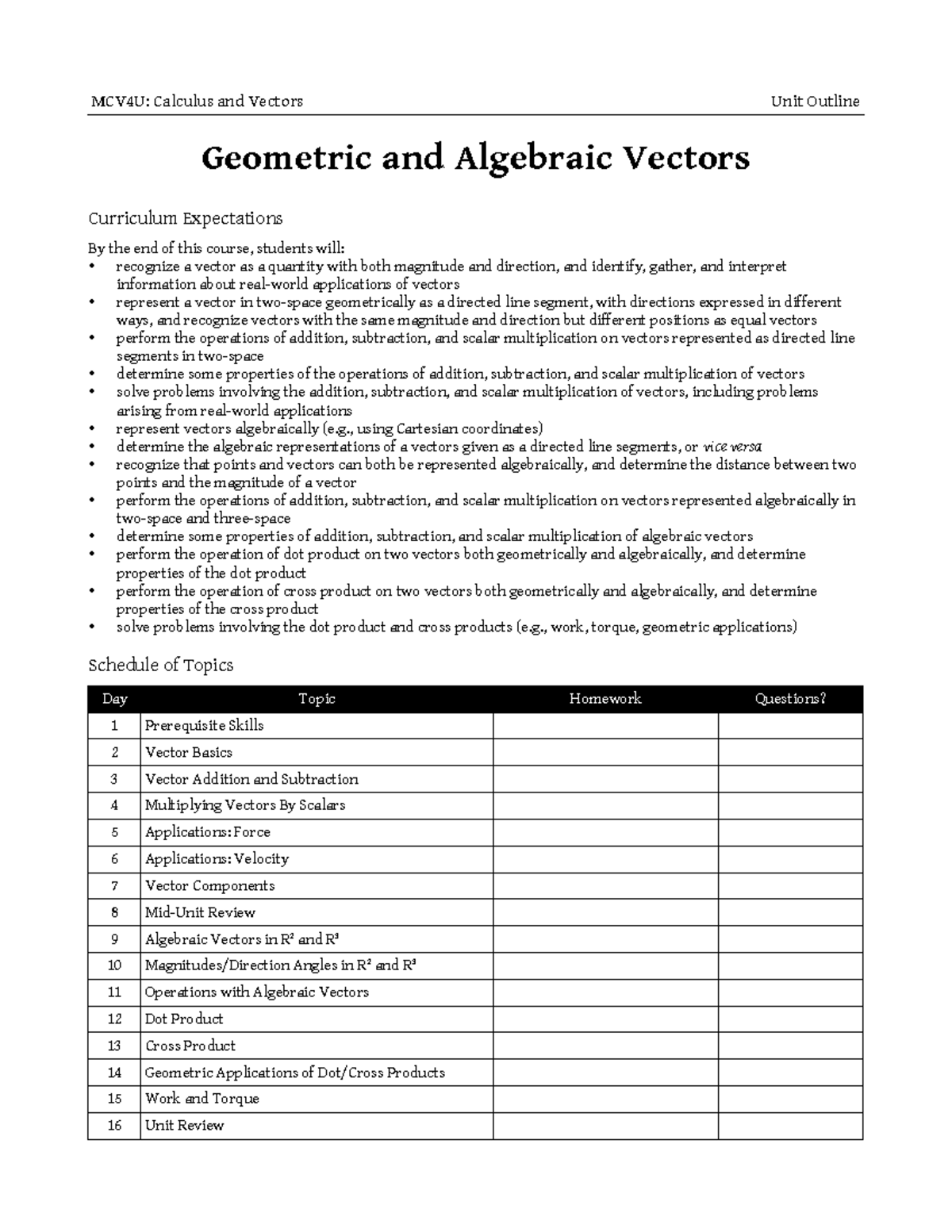 MCV4U outline geometric algebraic vectors - MCV4U: Calculus and Vectors ...