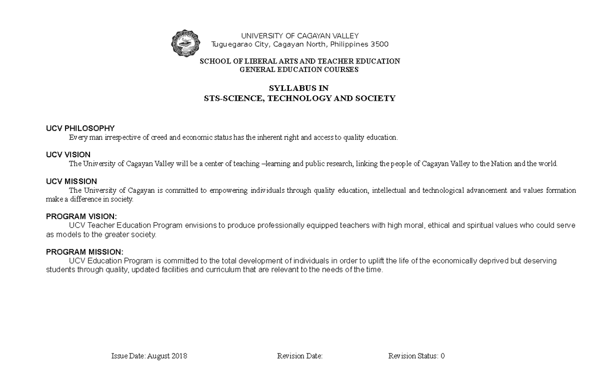 STS course syllabus - Tuguegarao City, Cagayan North, Philippines 3500 ...