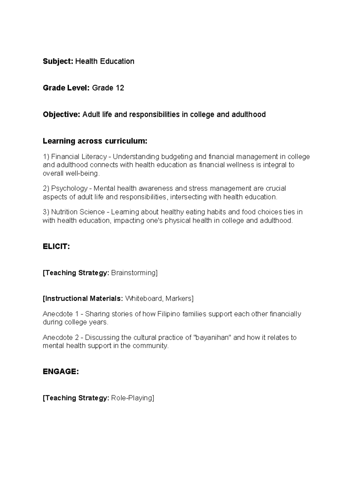 Lesson plan - Subject: Health Education Grade Level: Grade 12 Objective ...