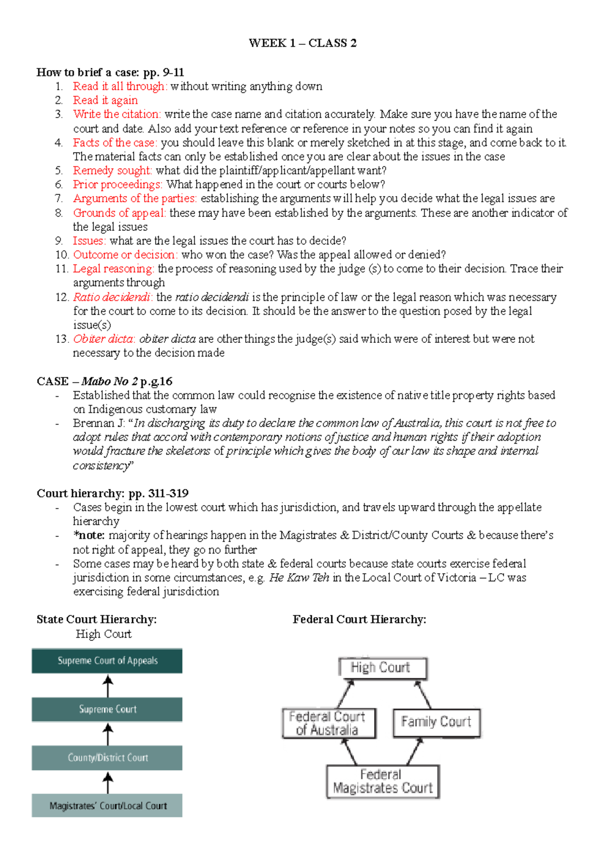 WEEK 1 - Court Hierarchy - WEEK 1 – CLASS 2 How to brief a case: pp. 9 ...