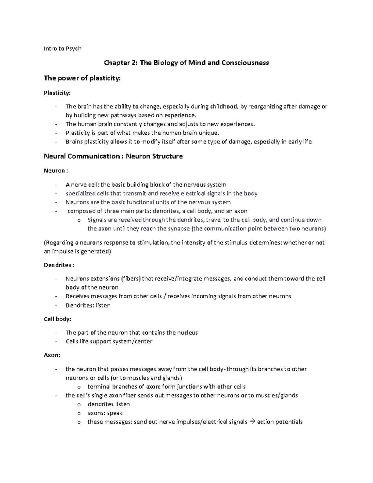 Chapter 2- biology of the mind and consciousness - Intro to Psych ...