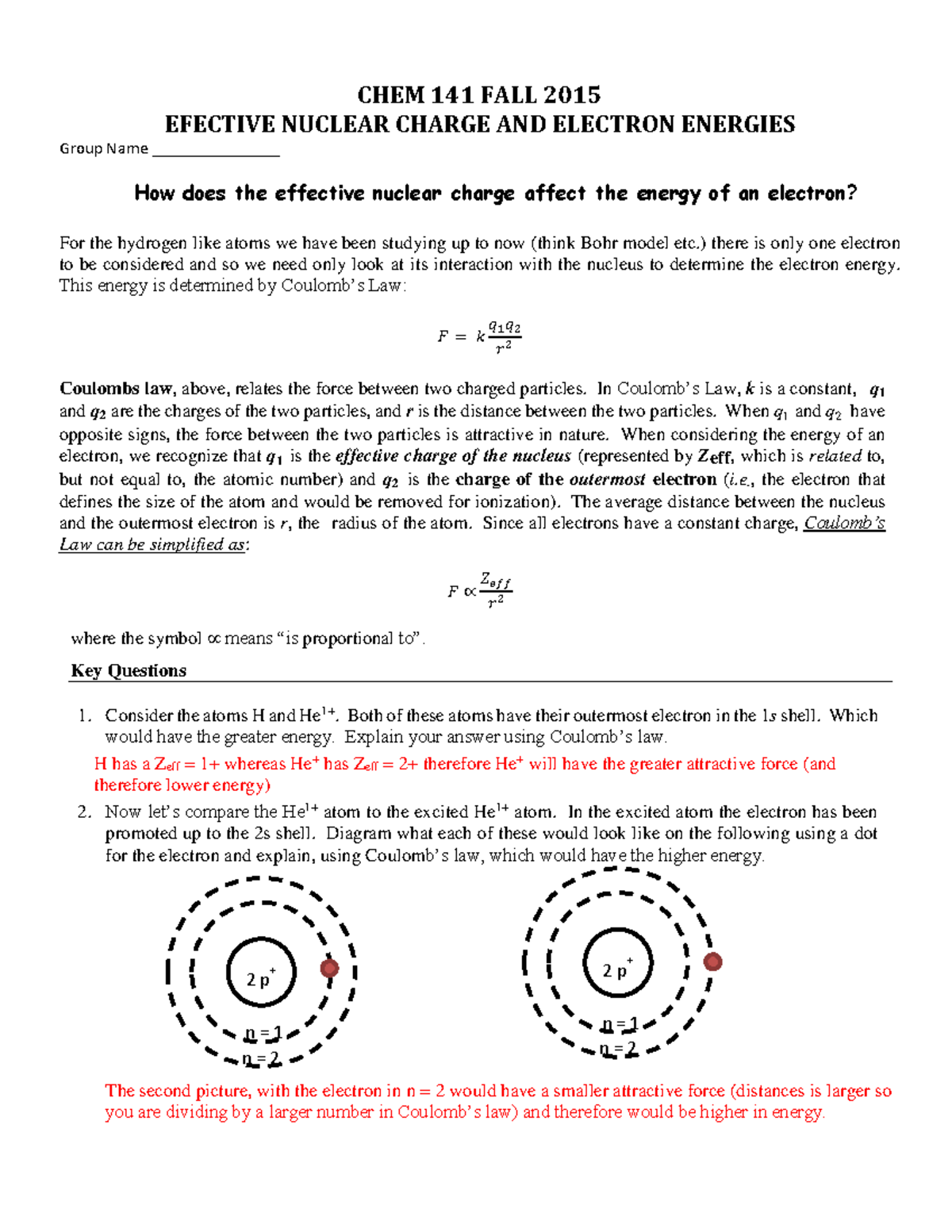 C4 Z-eff & Electron Energies - CHEM 141 FALL 2015 EFECTIVE NUCLEAR ...
