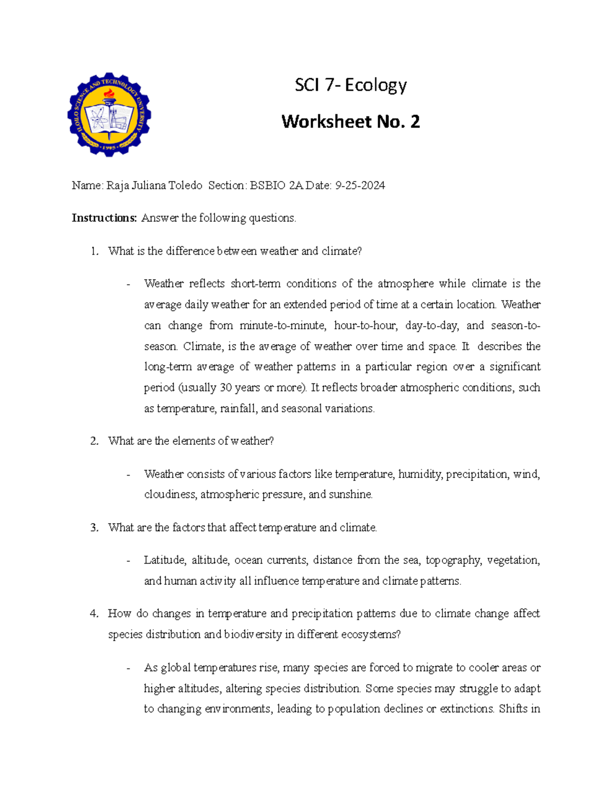 Activity 3 Ecology - SCI 7- Ecology Worksheet No. 2 Name: Raja Juliana ...