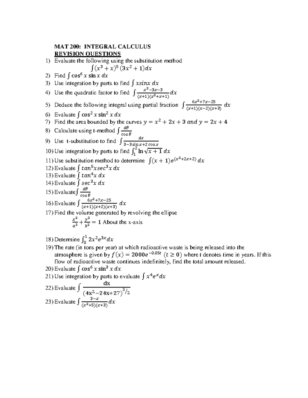 MAT 200 Integral Calculus - MAT 200: INTEGRAL CALCULUS REVISION ...