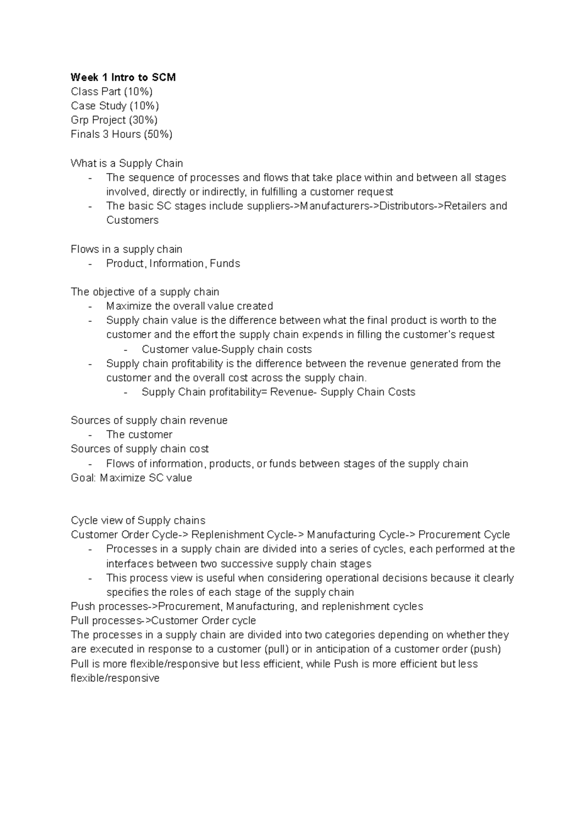 SCM Finals - Notes - Week 1 Intro to SCM Class Part (10%) Case Study ...