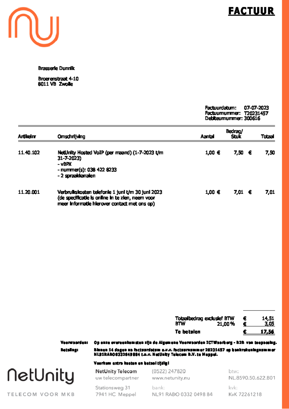 Net Unity Telecom B.V. Factuur 20231457 - Artikelnr Omschrijving Aantal ...