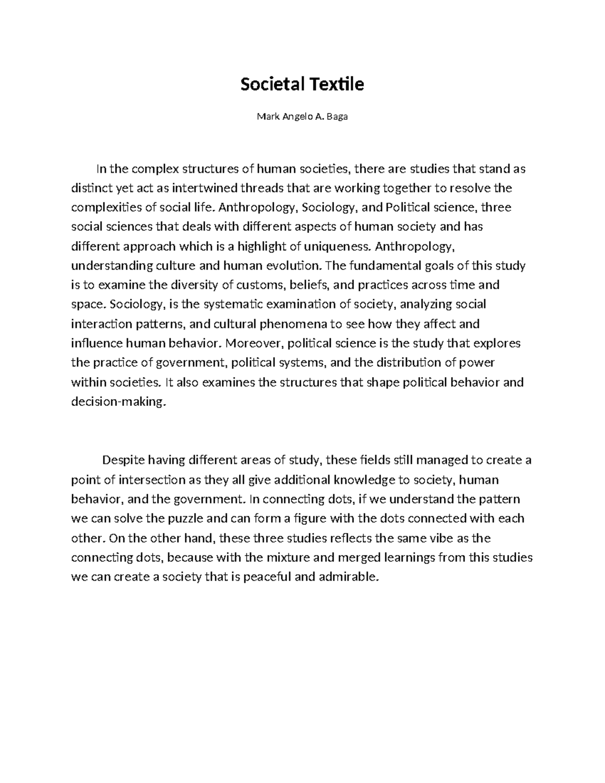 Societal-Textile - idk - Societal Textile Mark Angelo A. Baga In the ...