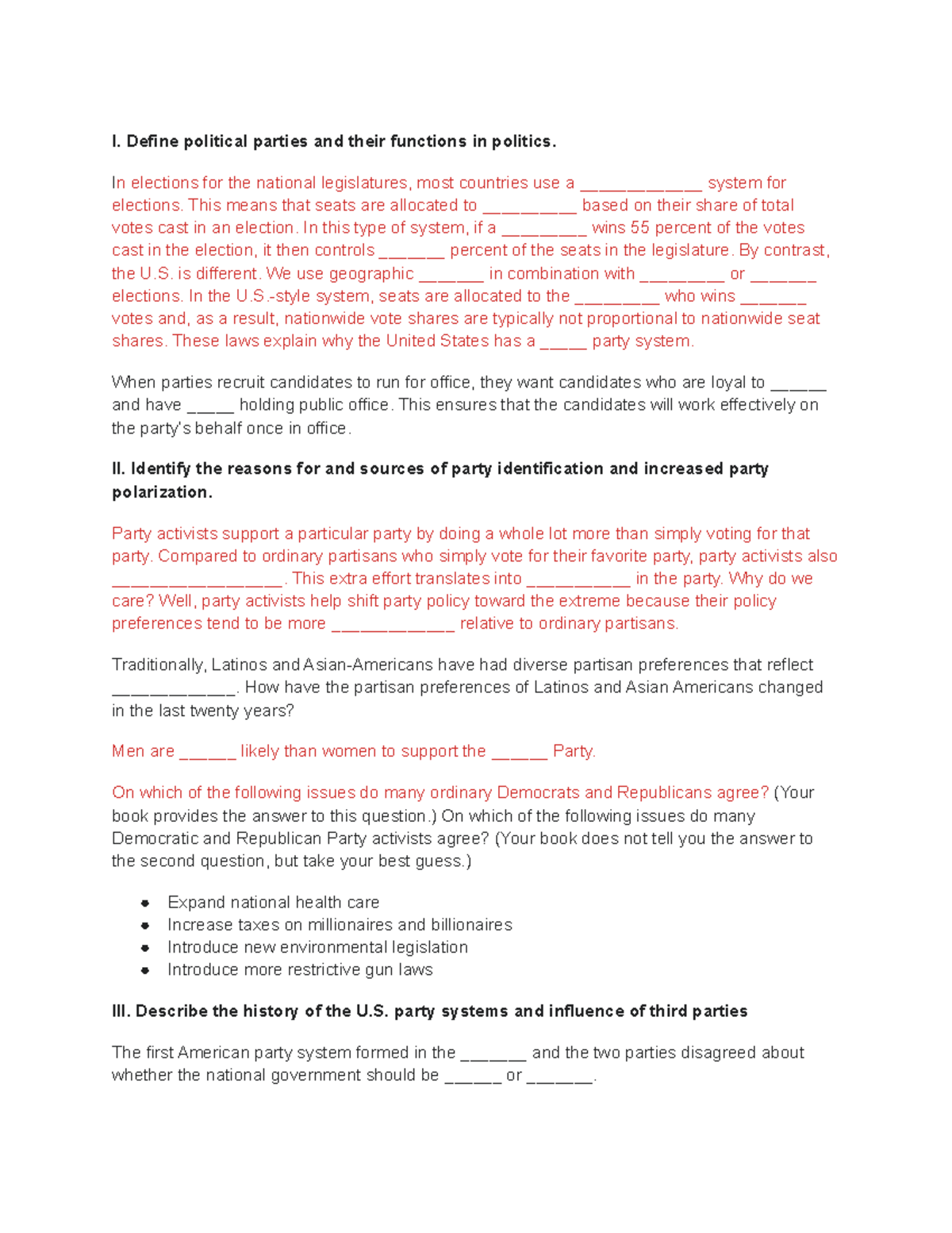 Posc notes study guide 4 - I. Define political parties and their ...