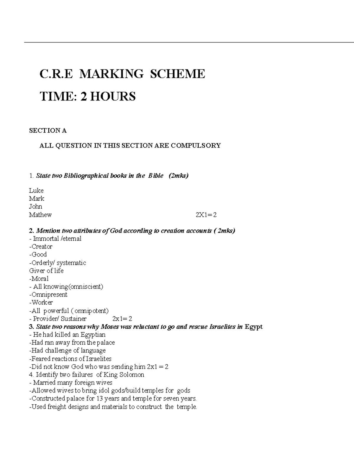 C.R.E- Making- Schem-FORM-2 - C.R MARKING SCHEME TIME: 2 HOURS SECTION ...