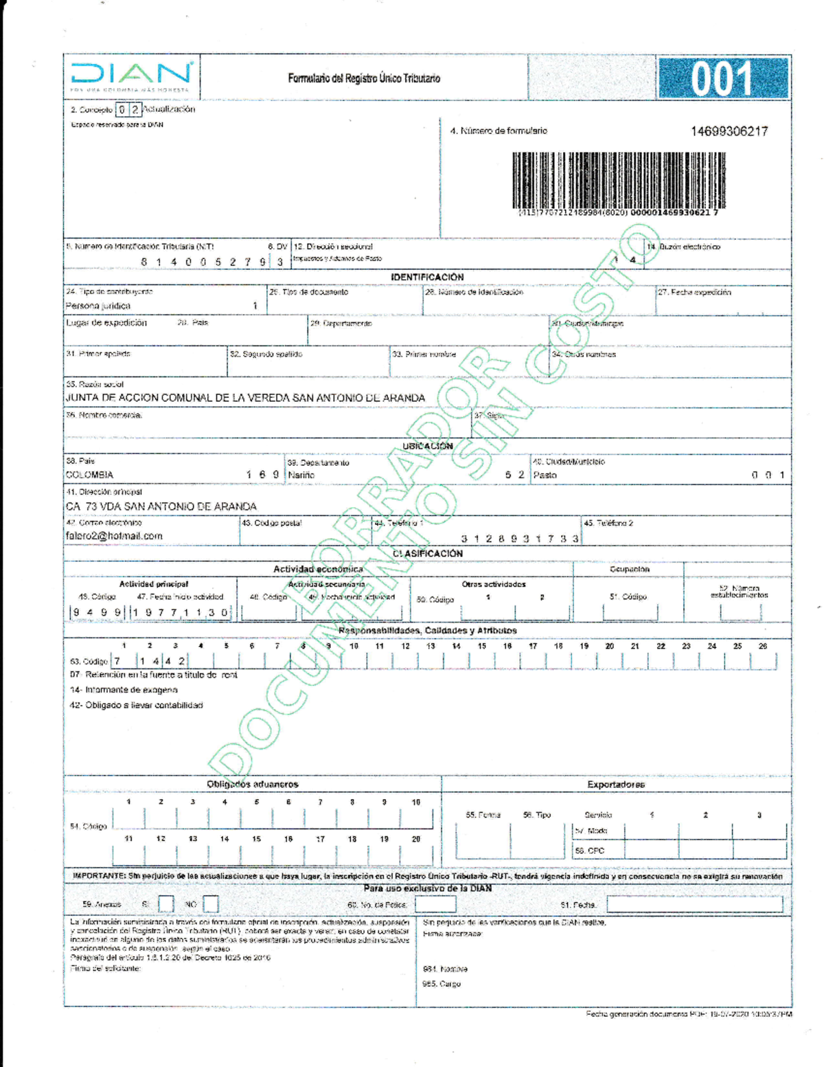 RUT J.A.C. Vereda SAN Antonio DE Aranda - Formulario del Regístro Úníco ...