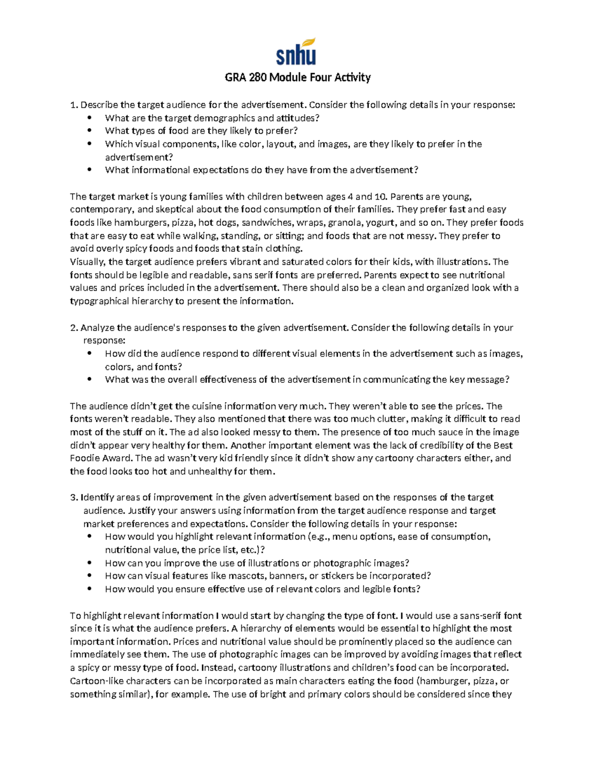 Module Four Activity - GRA 280 Module Four Activity Describe the target ...