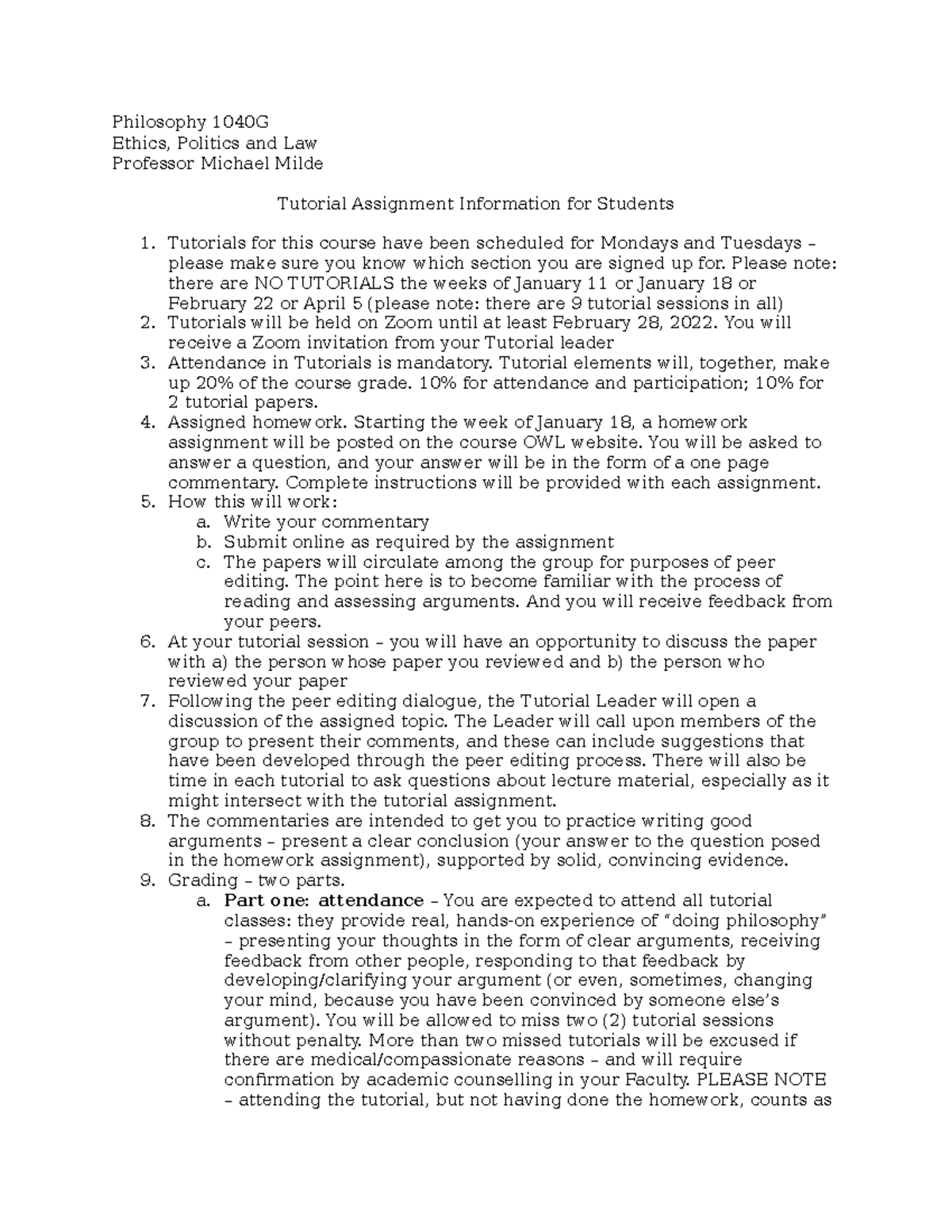 Tutorial Instructions 2022 - Philosophy 1040G Ethics, Politics and Law ...