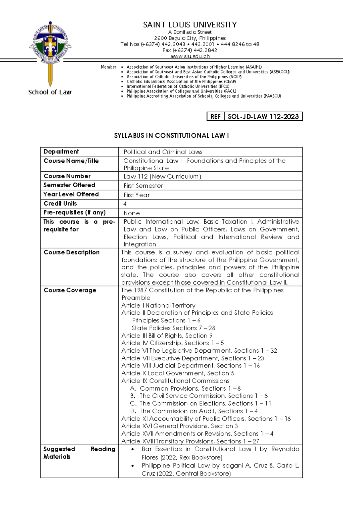 Constitutional Law 1 Syllabus - SAINT LOUIS UNIVERSITY A Bonifacio ...