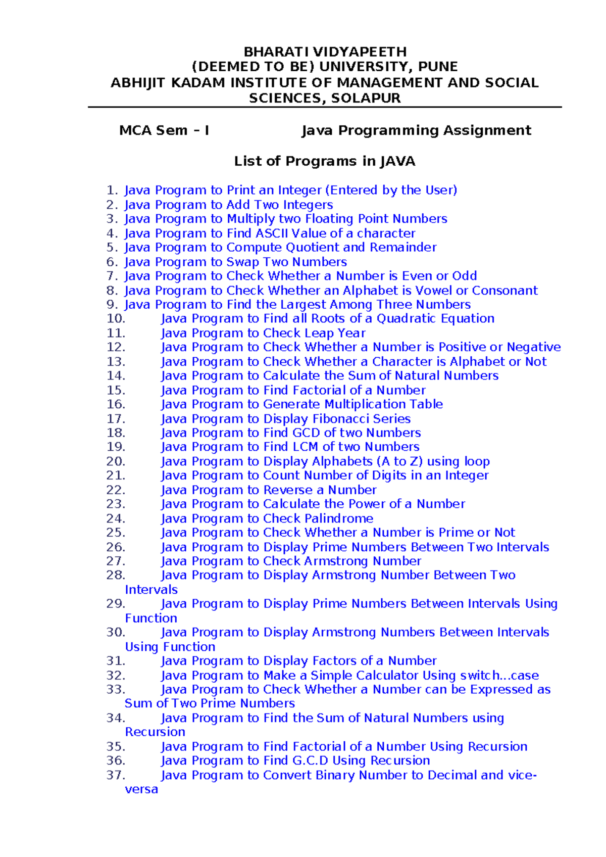 Java Assignment - BHARATI VIDYAPEETH (DEEMED TO BE) UNIVERSITY, PUNE ...