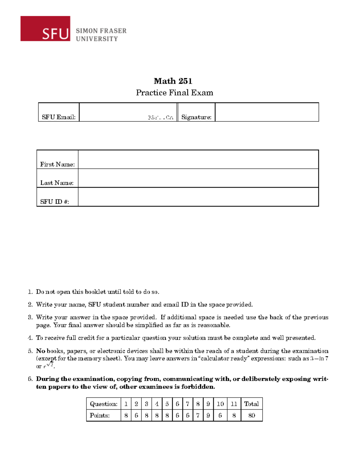 Math 251 Final Practice Exam - MATH 251 - SFU - Studocu