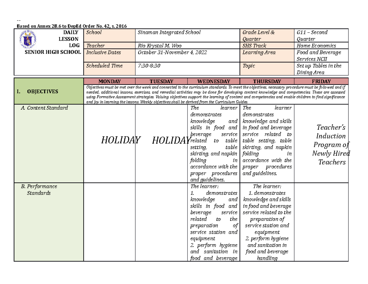 Week 1 FBS - Interesting - Based on Annex 2B to DepEd Order No. 42, s ...