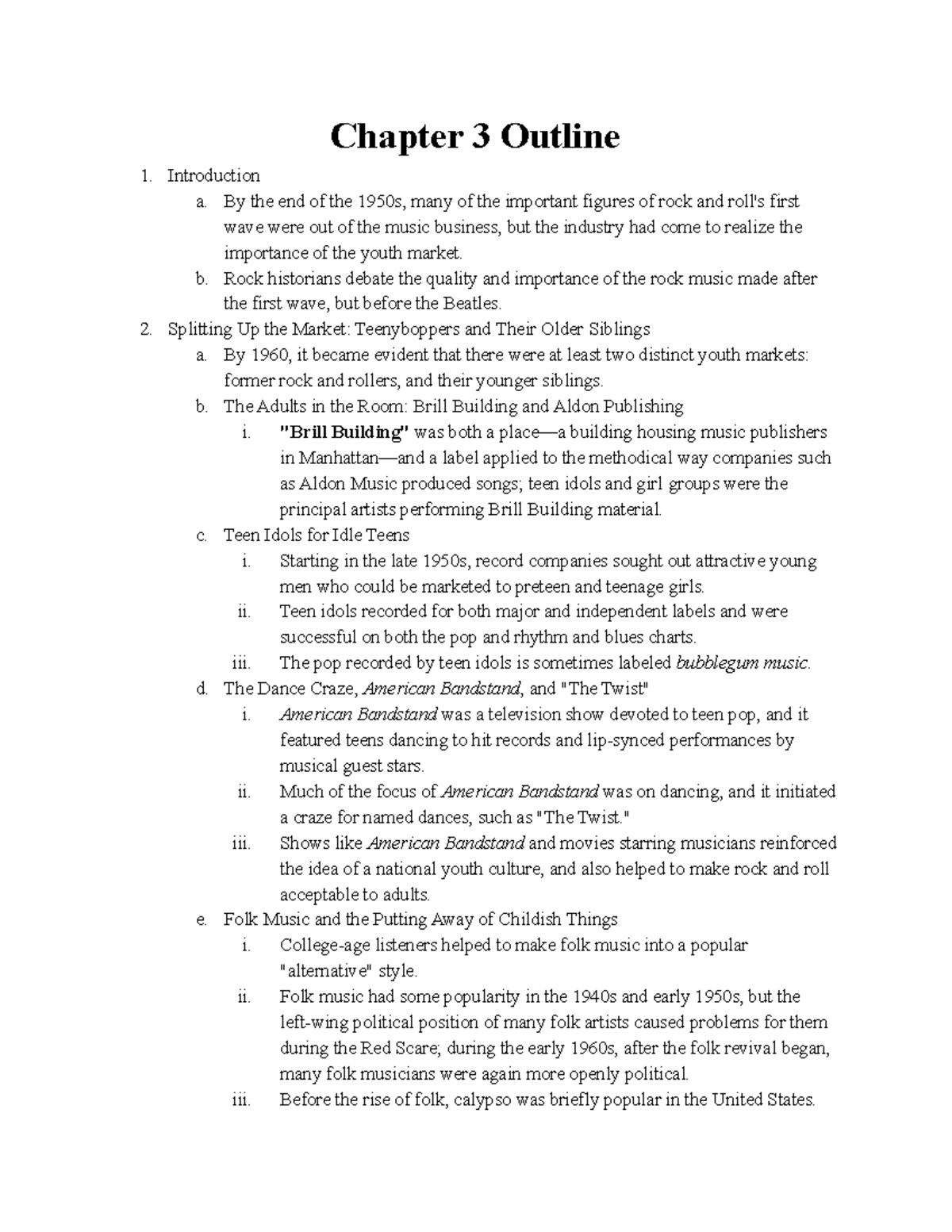 History of Rock and Roll Chpt 3 outline - Chapter 3 Outline ...
