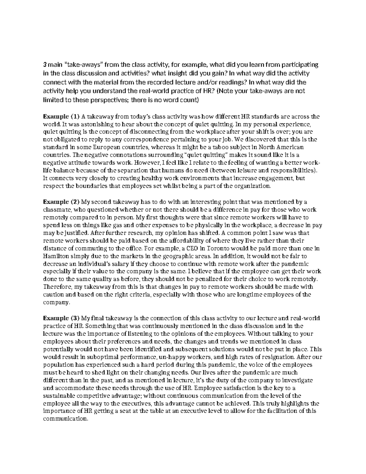 Reflection examples - 3 main “take-aways” from the class activity, for ...