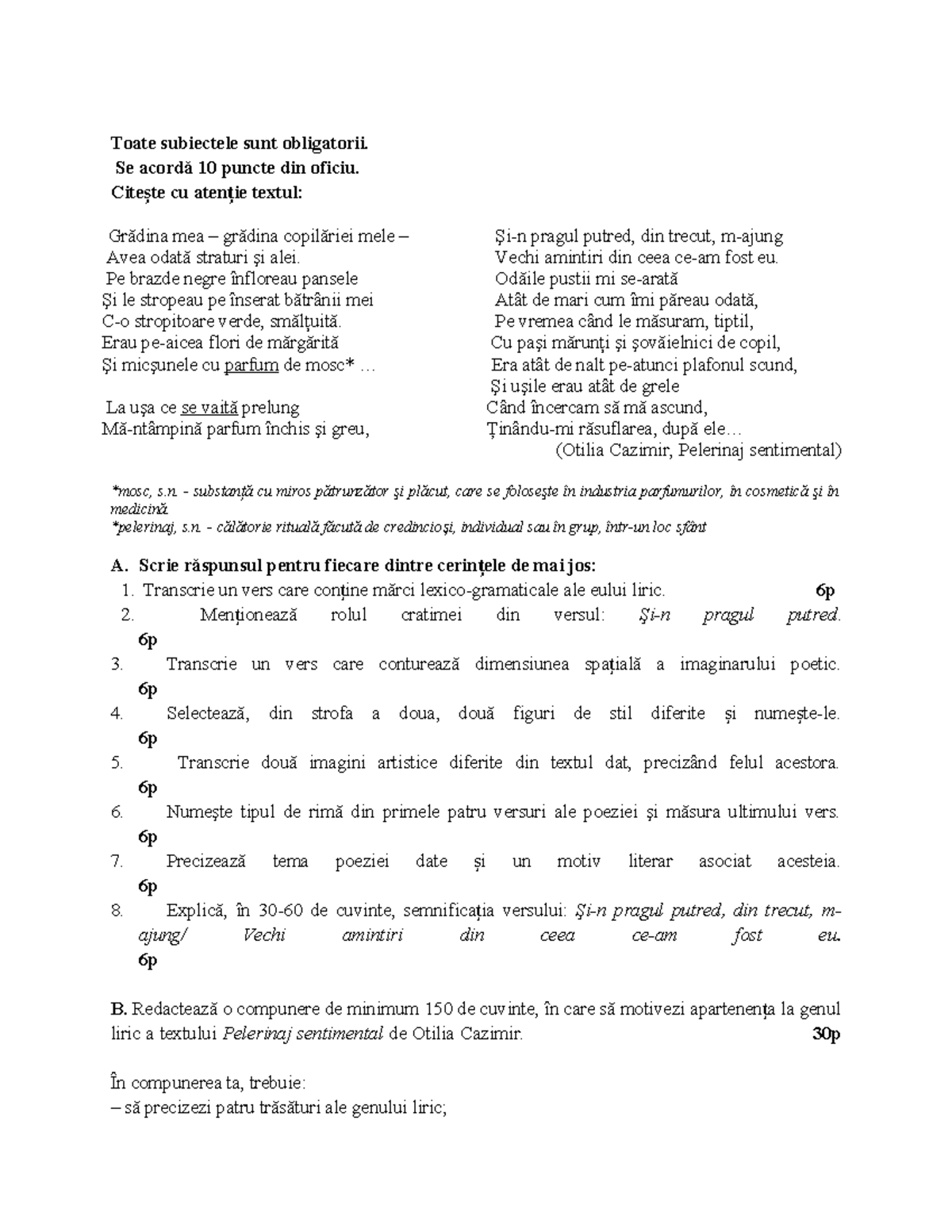 G. liric fisa - Toate subiectele sunt obligatorii. Se acordă 10 puncte ...