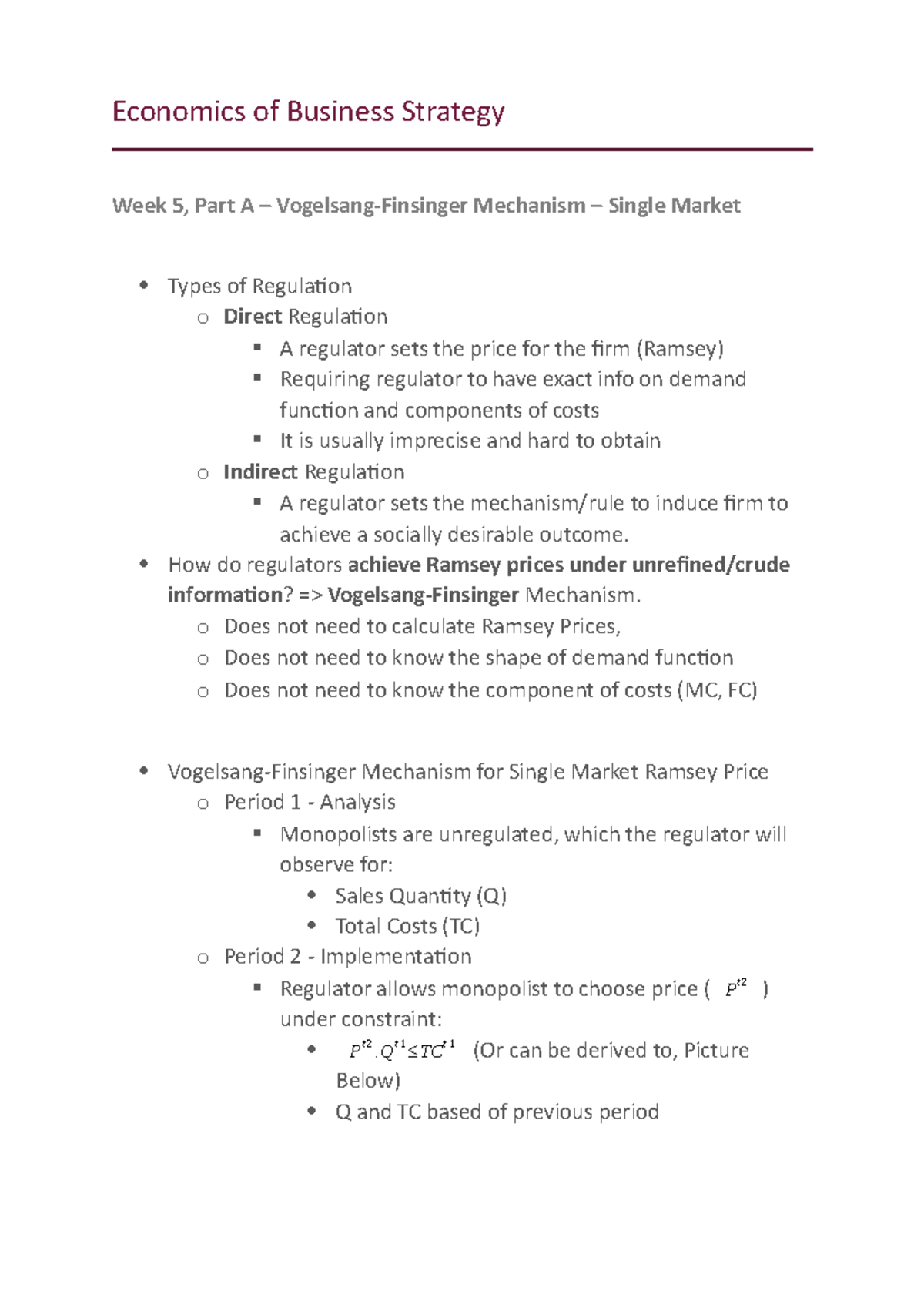 Econ Strategy - Notes 5 - Vogelsang and Finsinger Mechanism - Economics ...