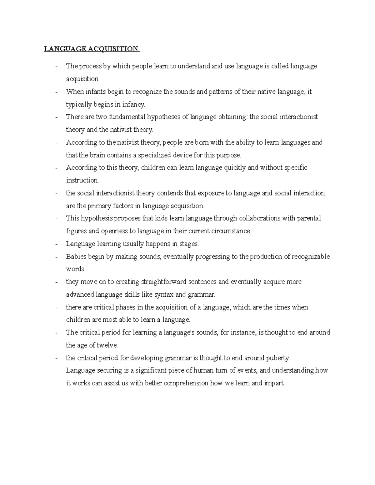 Language Acquisition Notes 1 - LANGUAGE ACQUISITION The process by ...